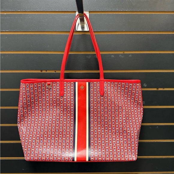 Tory Burch | Bags | Tory Burch Red Logo Stripe Coated Canvas Tote ...